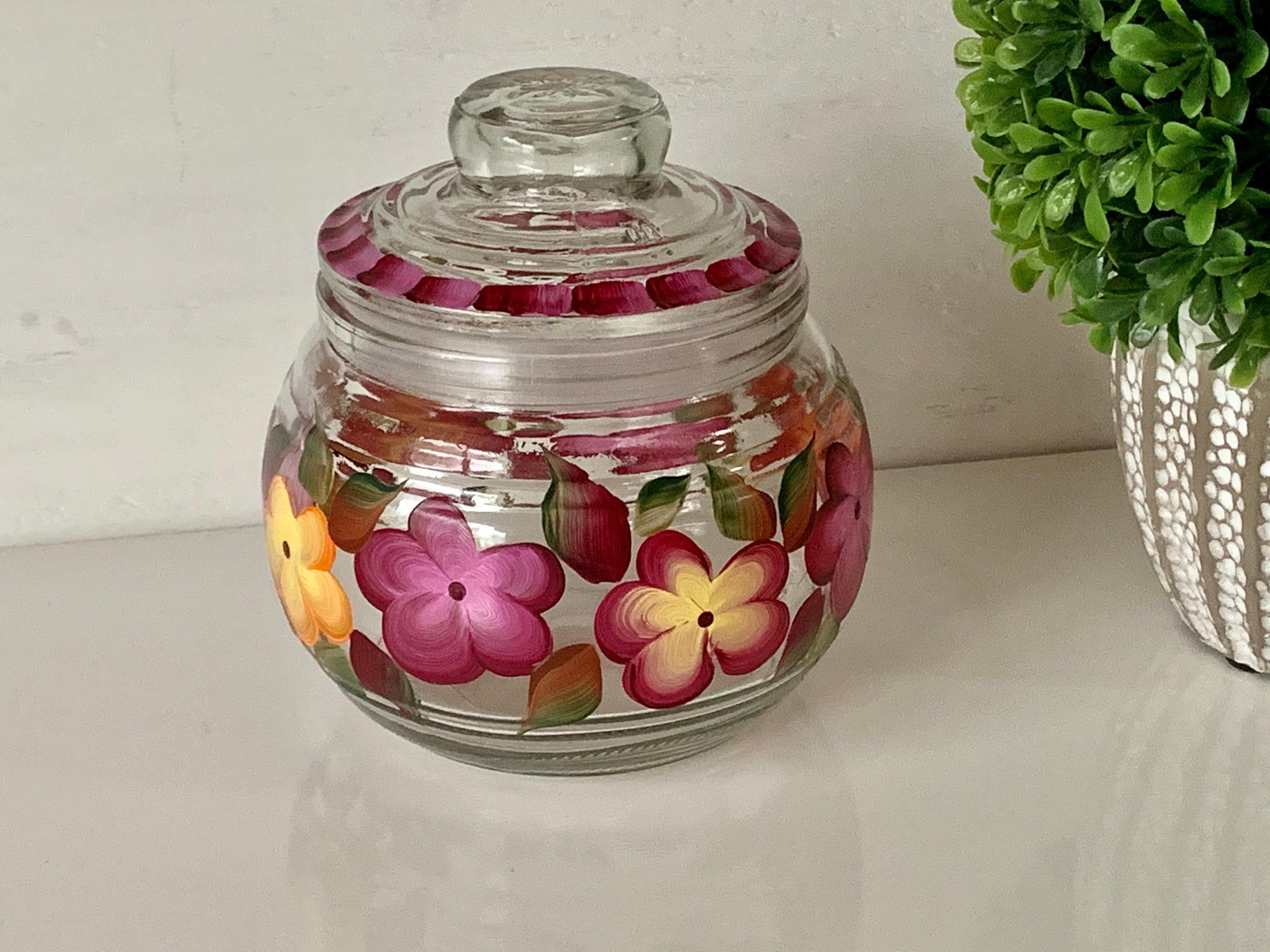 Painted Cookie Jar, Fall Flowers Candy Jar, Glass Jar With Lid, Candle ...