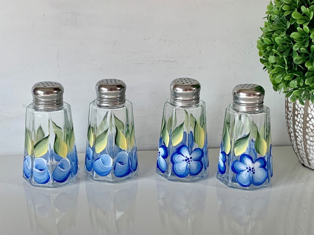 Painted Salt Pepper Shakers Blue Flowers, Glass Shaker Set Blue Roses ...