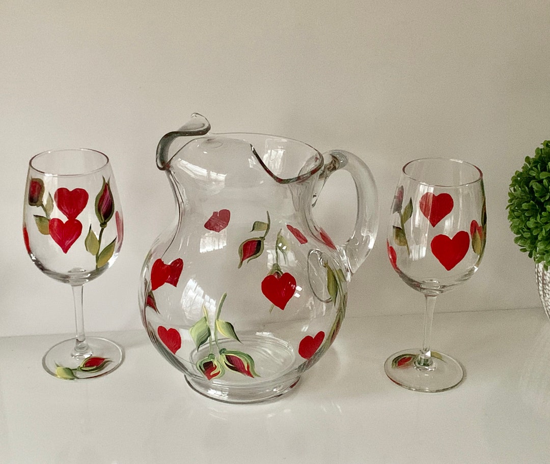 Valentine’s Glass Pitcher Set, Painted Wine Glasses, Red Roses Hearts ...