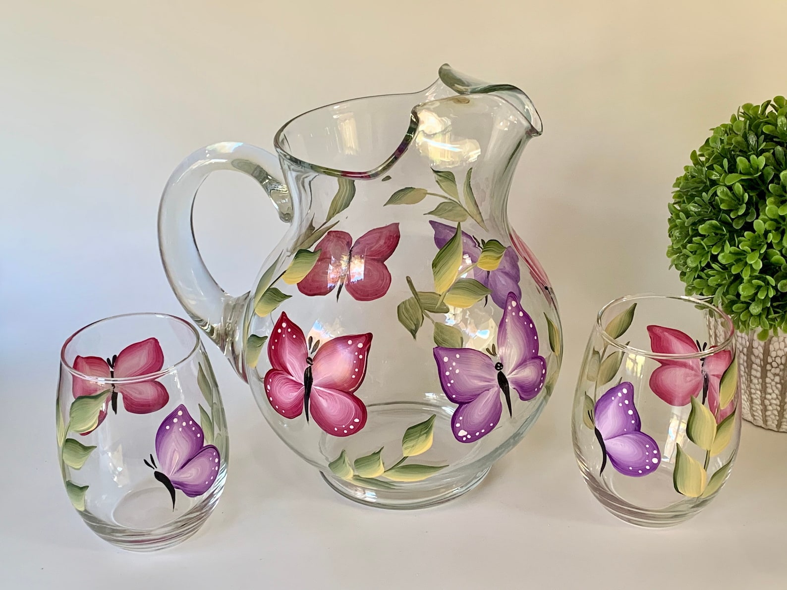 Butterfly Glass Pitcher Set, Painted Wine Glasses, Goblet Set, Step Mom ...