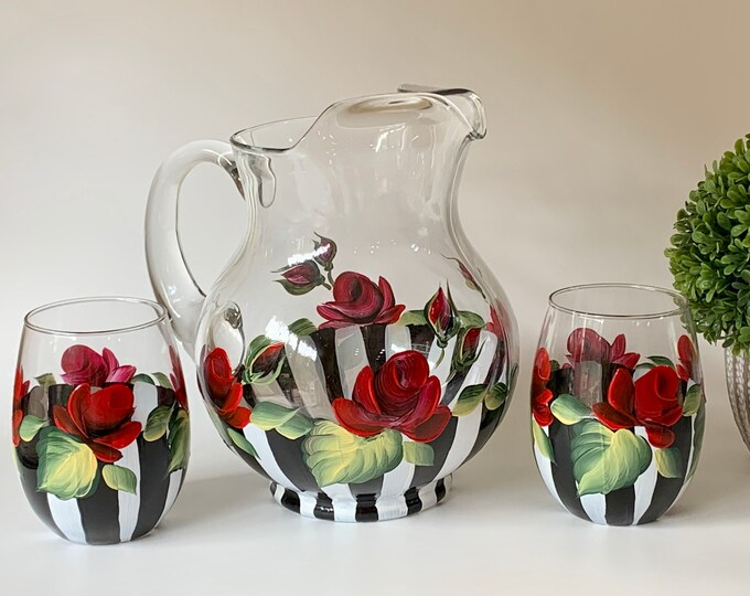 Glass Pitcher, Painted Wine Glasses, Black and White, Red Roses Pitcher ...
