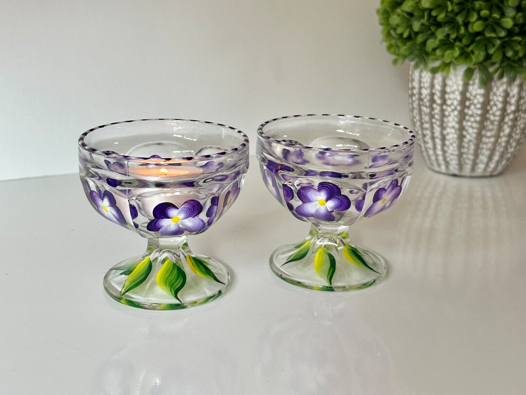 Painted Glass Violets Candle Holder, One Hand Painted Dessert Cup, Cute ...