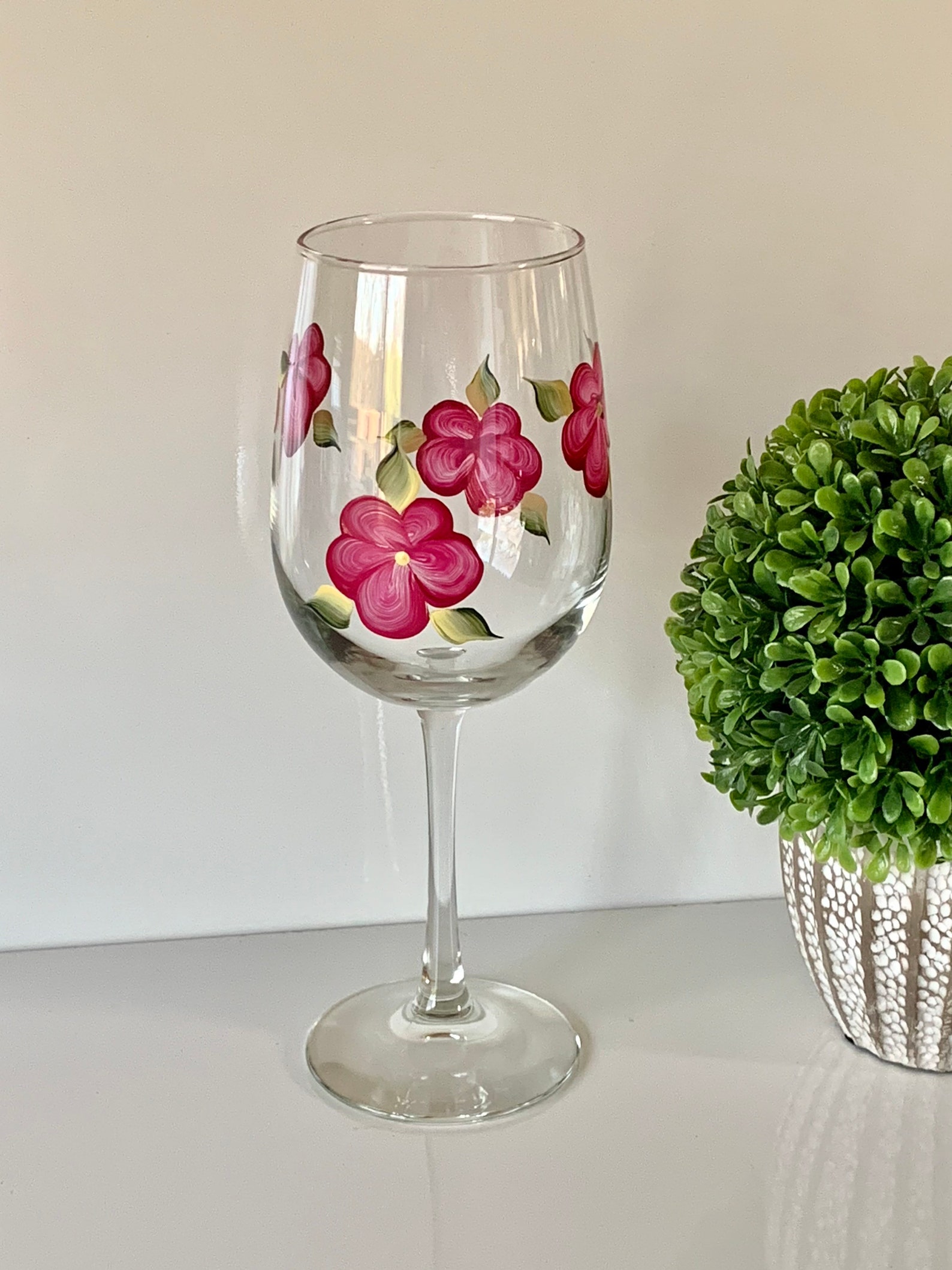 Painted Wine Glasses Magenta Flowers, 21st Birthday Gift for Her, Wine ...