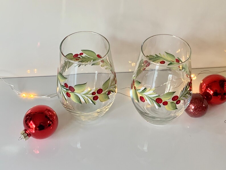 Christmas Wine Glass Painted Berry Stemless 30th Birthday - Etsy