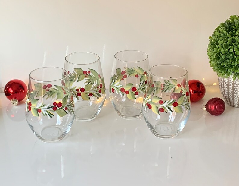 Christmas Wine Glass Painted Berry Stemless 30th Birthday - Etsy