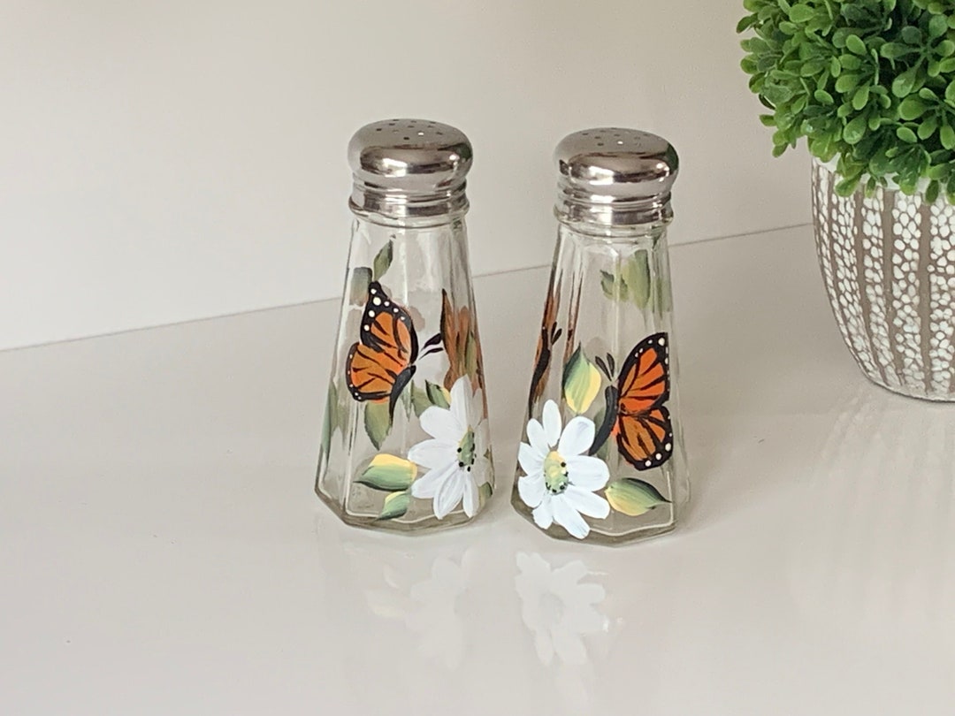 Painted Glass Salt and Pepper Shakers Daisies Butterflies, Social ...