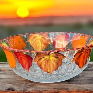 Painted Fall Glass Bowl, Thanksgiving Table Decor Colorful Leaves Salad ...