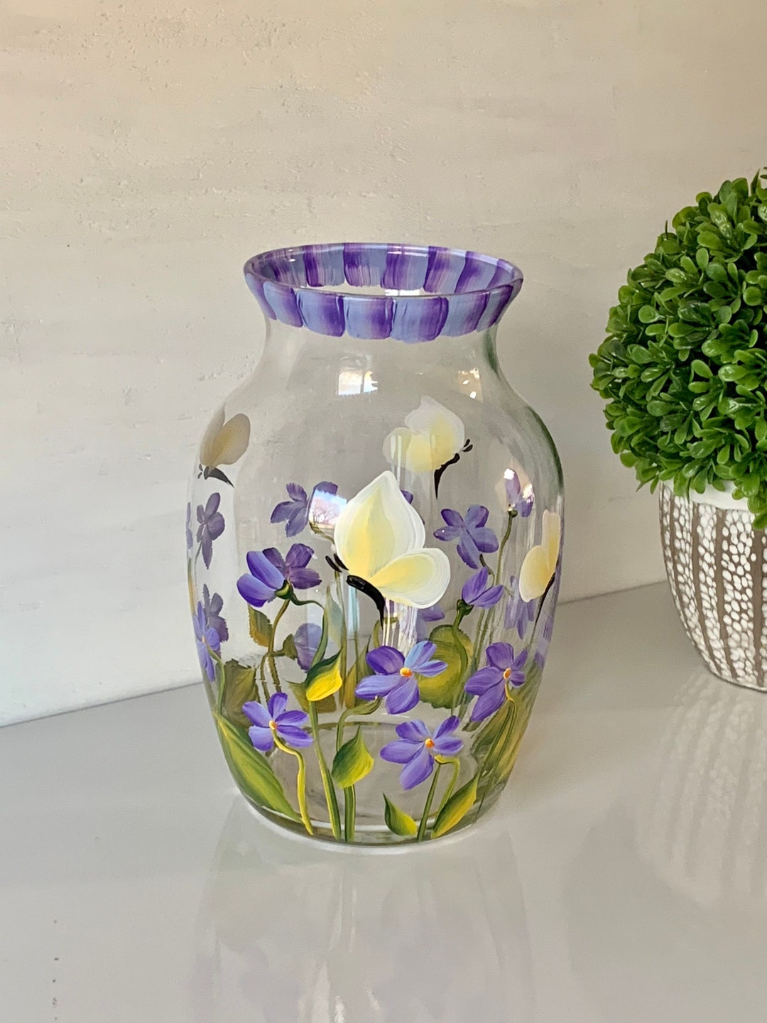 Painted Glass Violets Vase, Step Mom Gift, 21st Birthday Gift for Her, Wedding Gift, 10 Year ...