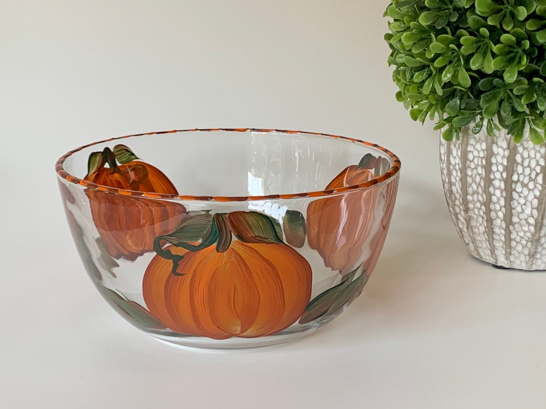 Painted Glass Pumpkin Bowl, Autumn Decor, Fall Salad Bowl, Fall Candy ...
