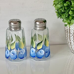 Painted Salt Pepper Shakers Blue Flowers, Glass Shaker Set Blue Roses ...