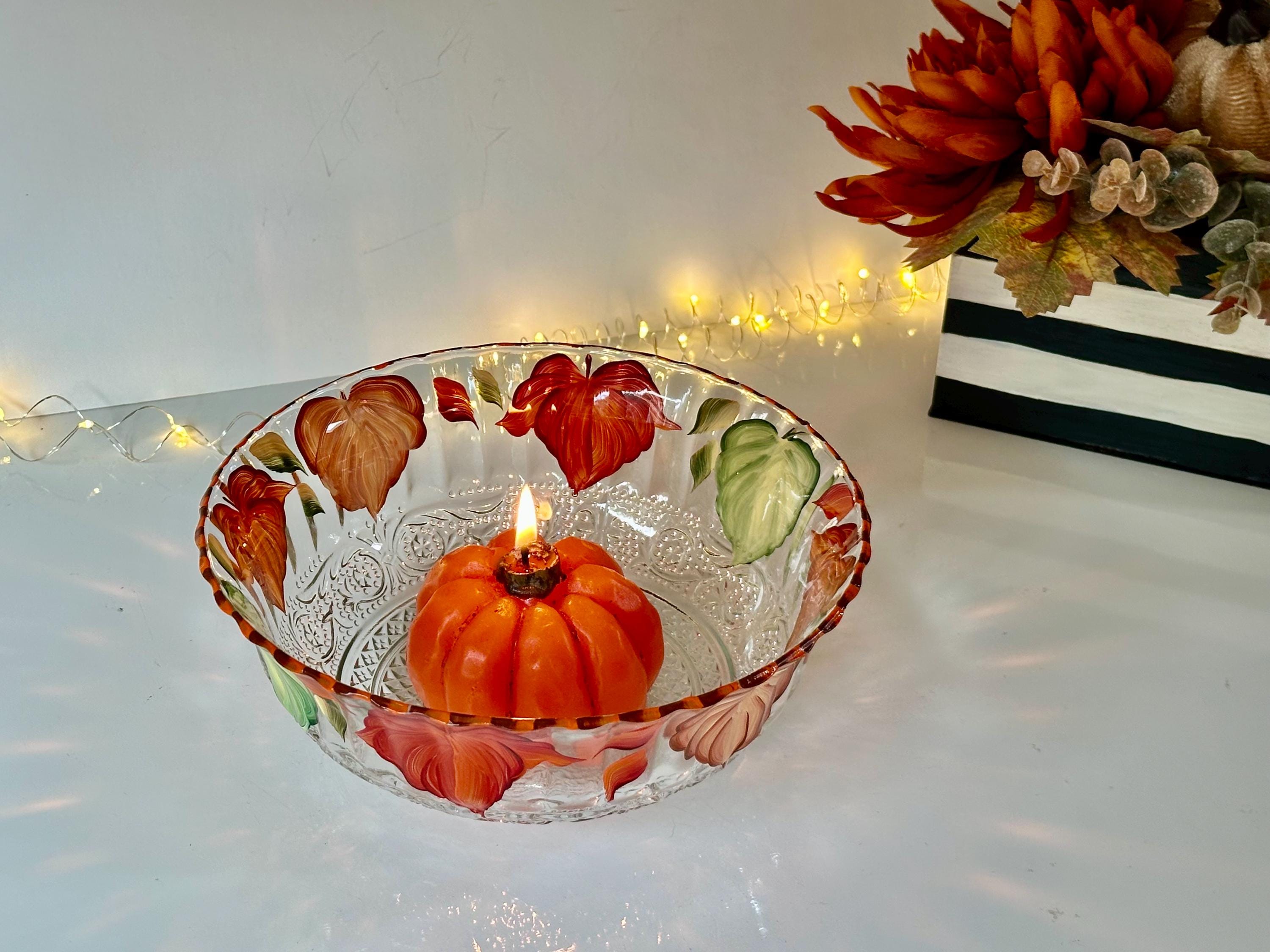 Painted Fall Glass Bowl, Thanksgiving Table Decor Colorful Leaves Salad ...