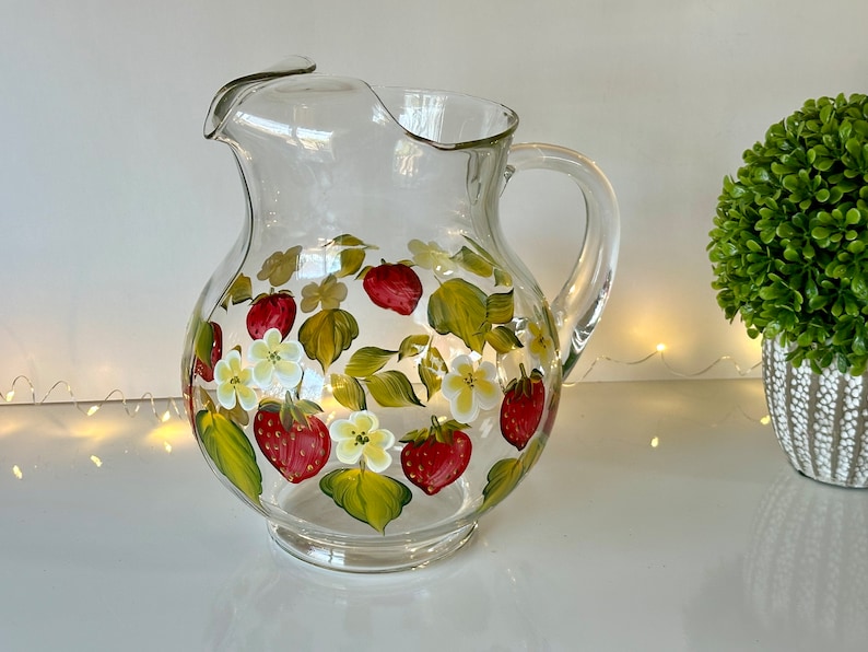 Strawberry Glass Pitcher Set Painted Stemless Wine Glasses, Step Mom ...