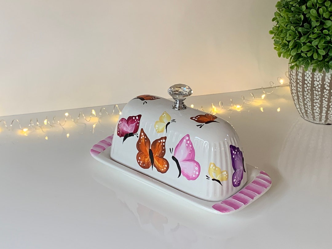 Painted Butter Dish Butterflies, Ceramic Butter Dish, Butter Keeper ...