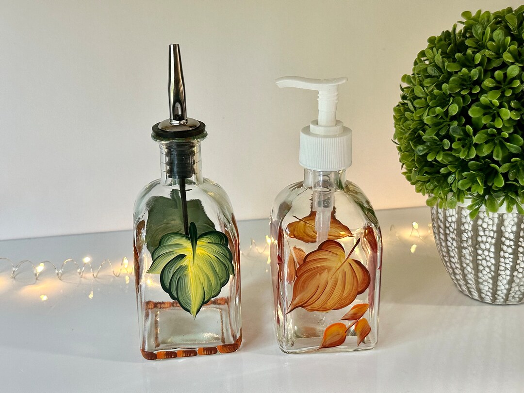Fall Soap Dish, Painted Glass Dish Soap Dispenser, Painted Fall Leaves ...
