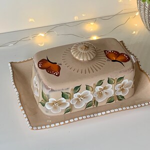 Painted Butter Dish With Monarch Butterflies, White Flowers Ceramic ...