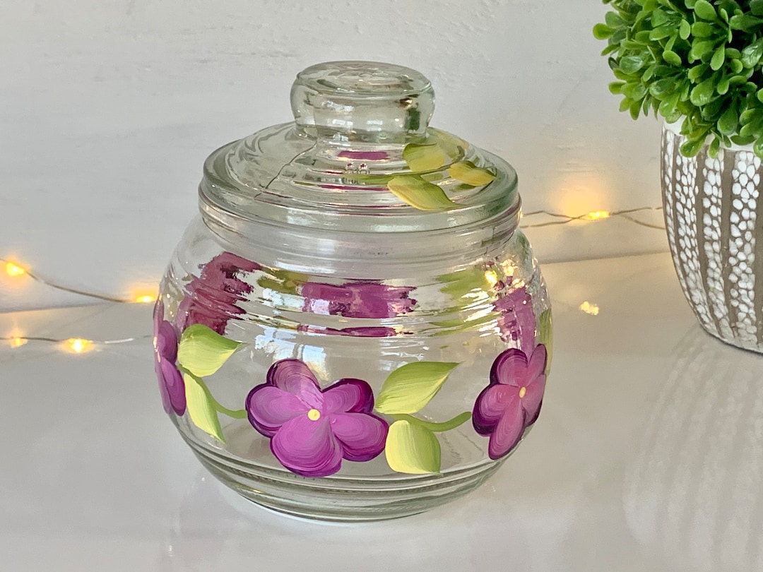 Painted Pink Flowers Cookie Jar, Candy Jar, Glass Jar With Lid, Candle ...