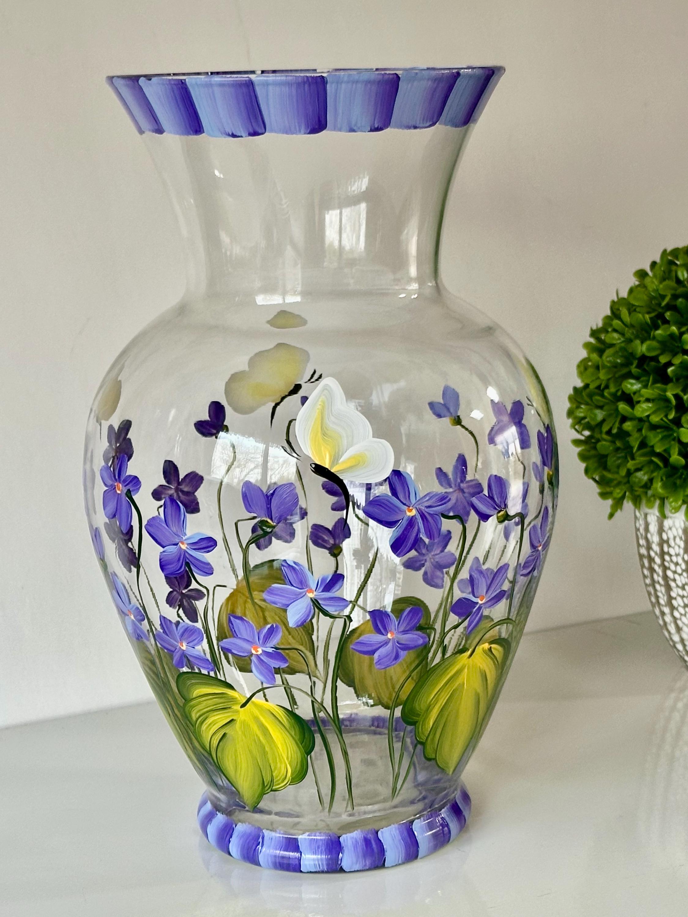 Painted Glass Violets Butterflies Vase Step Mom Gift, 21st Birthday ...