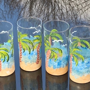 Hand Painted Glass Pitcher Set, Ocean Scene, Tropical Pitcher Set, Palm ...