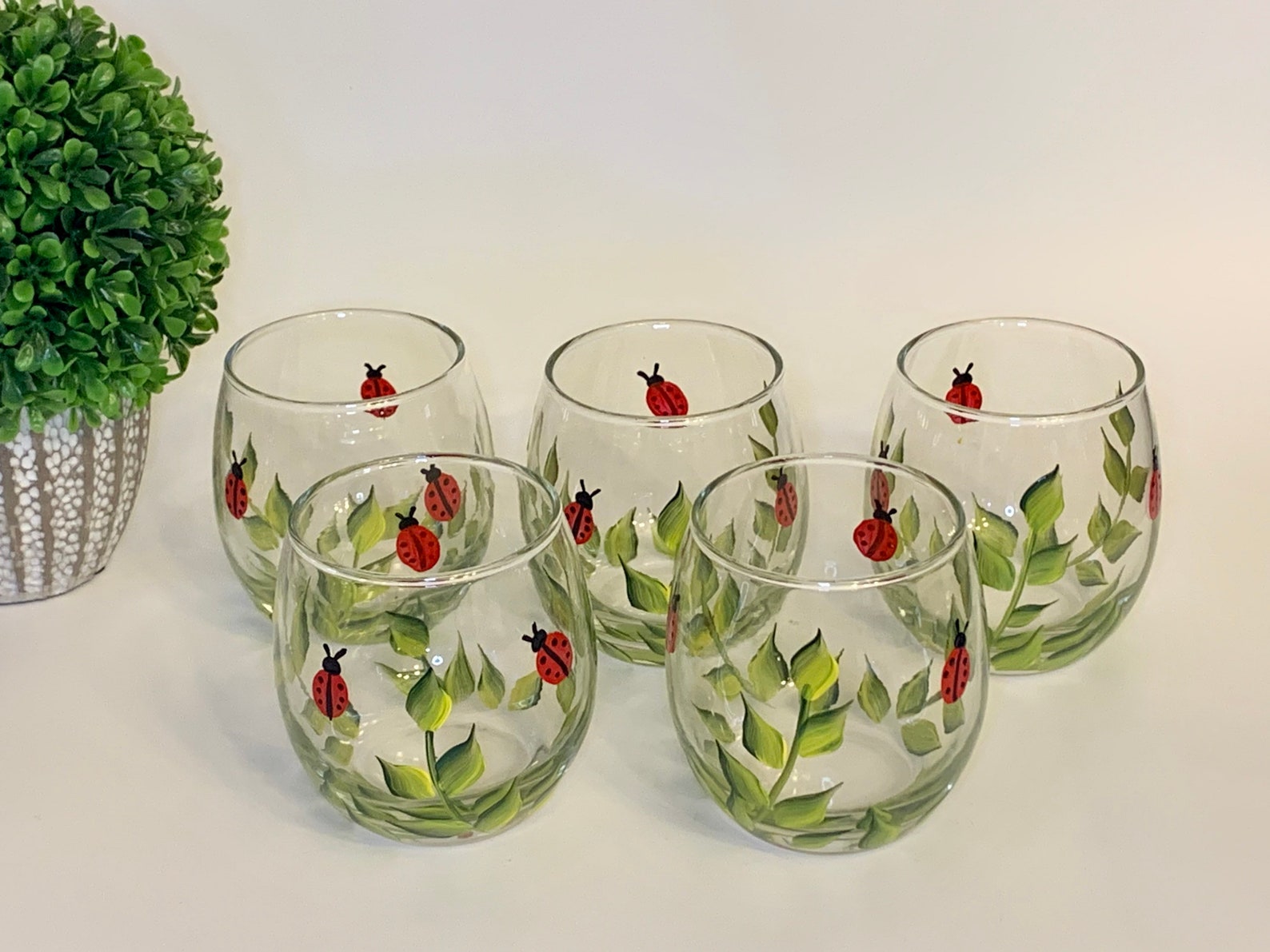 Painted Wine Glasses, Stemless Ladybugs, Valentines Gift, Painted ...
