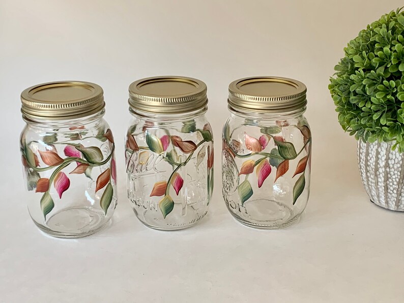 Painted glass jar with fall leaves sangria jar drinks mason | Etsy
