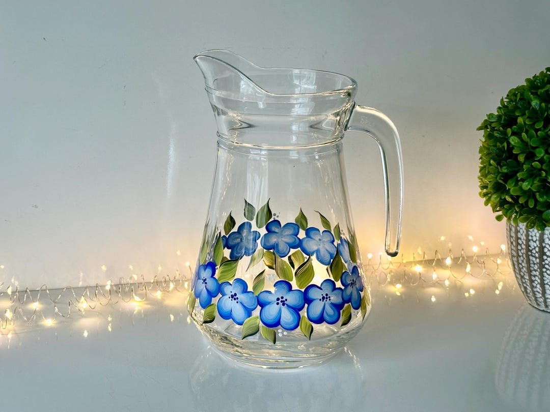 Painted Glass Pitcher Blue Flowers, Step Mom Gift Lemonade Water ...
