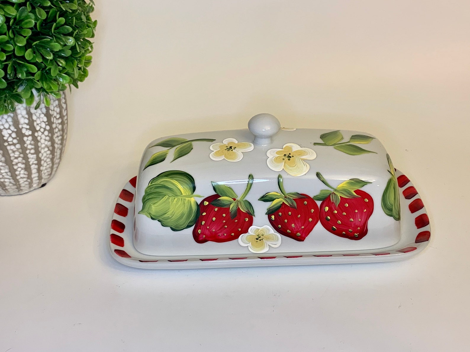 Hand Painted Ceramic Butter Dish Strawberry Butter Dish With - Etsy