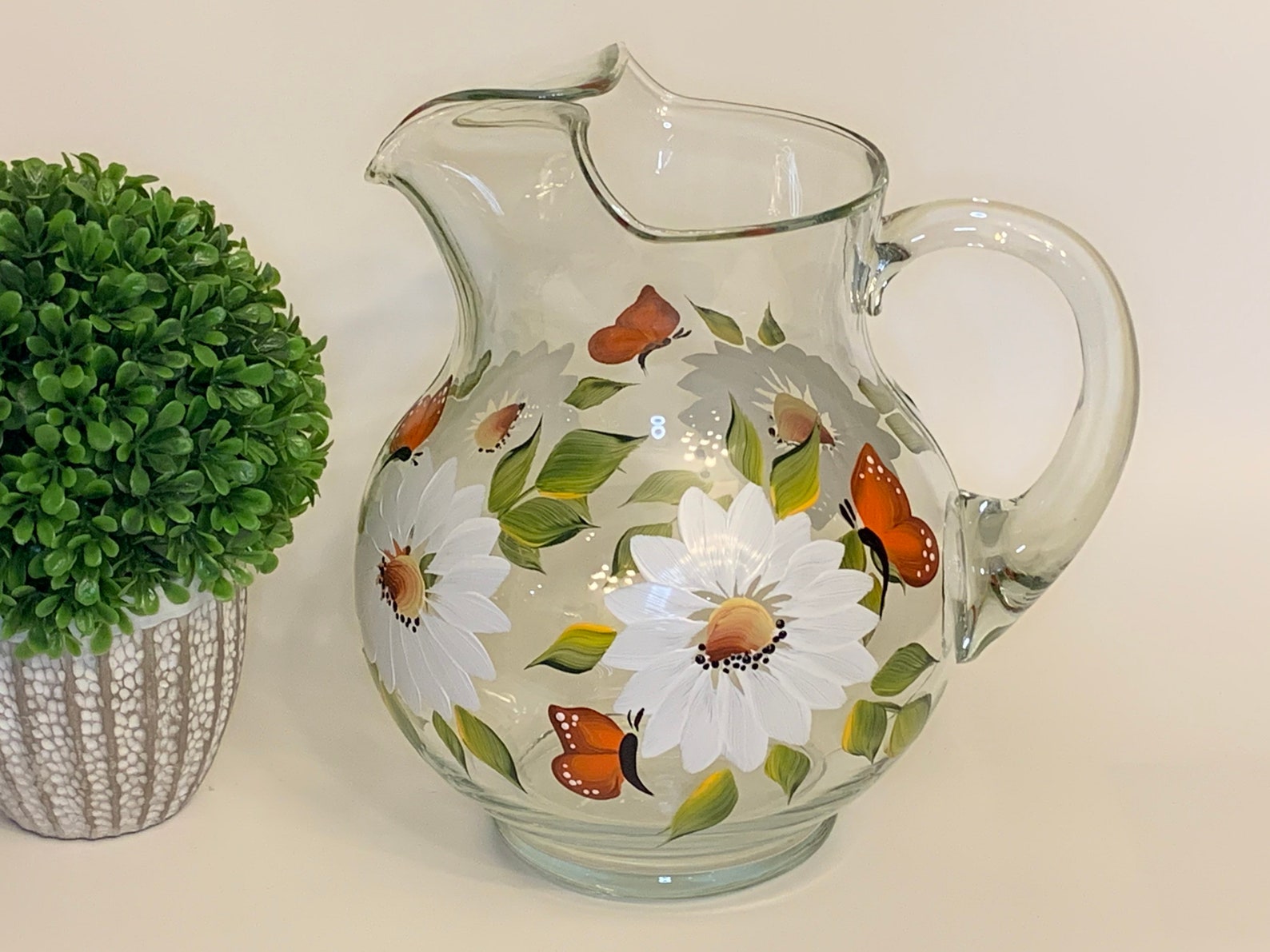 Butterfly Glass Pitcher Set, Painted Stemless Wine Glasses Daisy ...