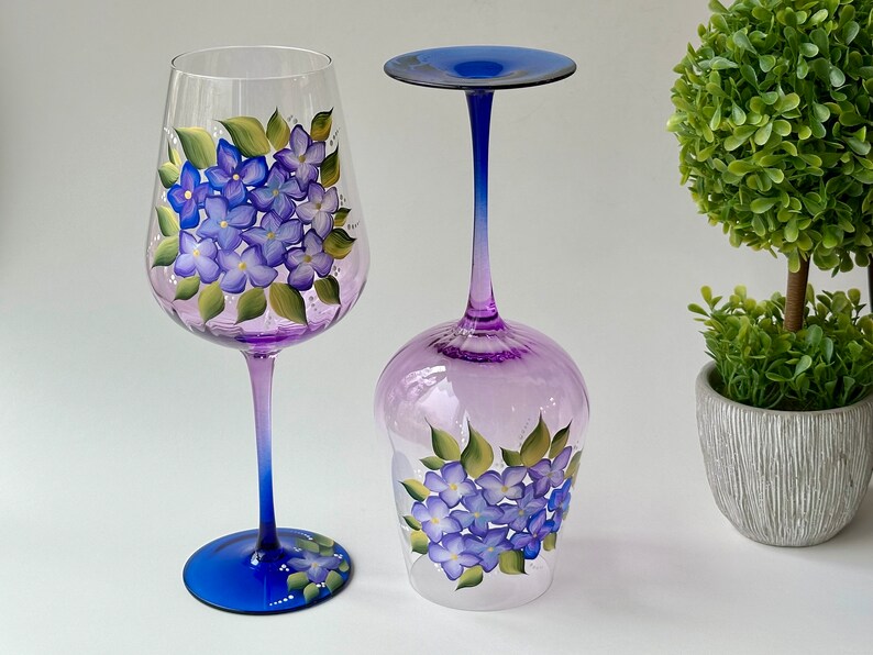 Painted Wine Glasses Blue Purple Hydrangeas, Large Goblet Wedding Wine ...