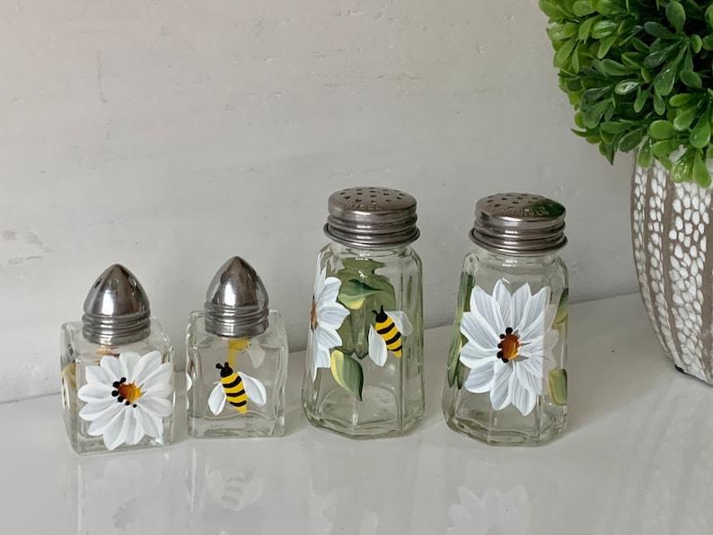 Salt and Pepper Shakers With Hand Painted Daisies and Bees, Birthday ...