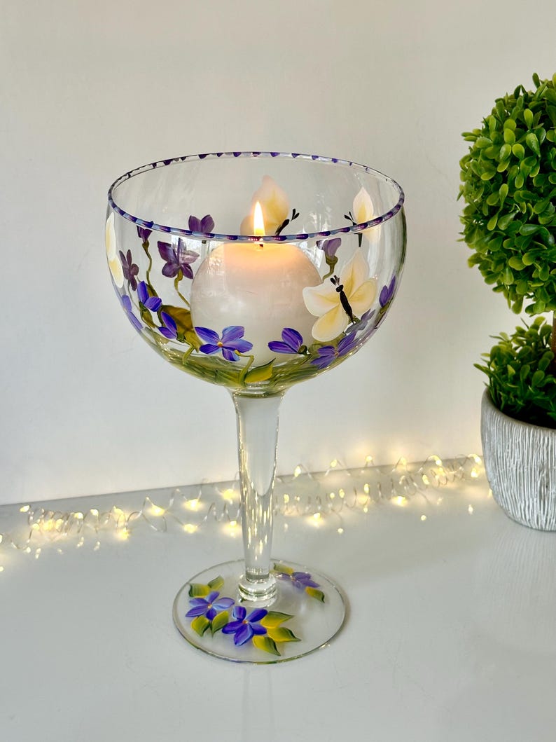 Painted Candle Holder Violets Butterflies Centerpiece, Roommate Gift ...