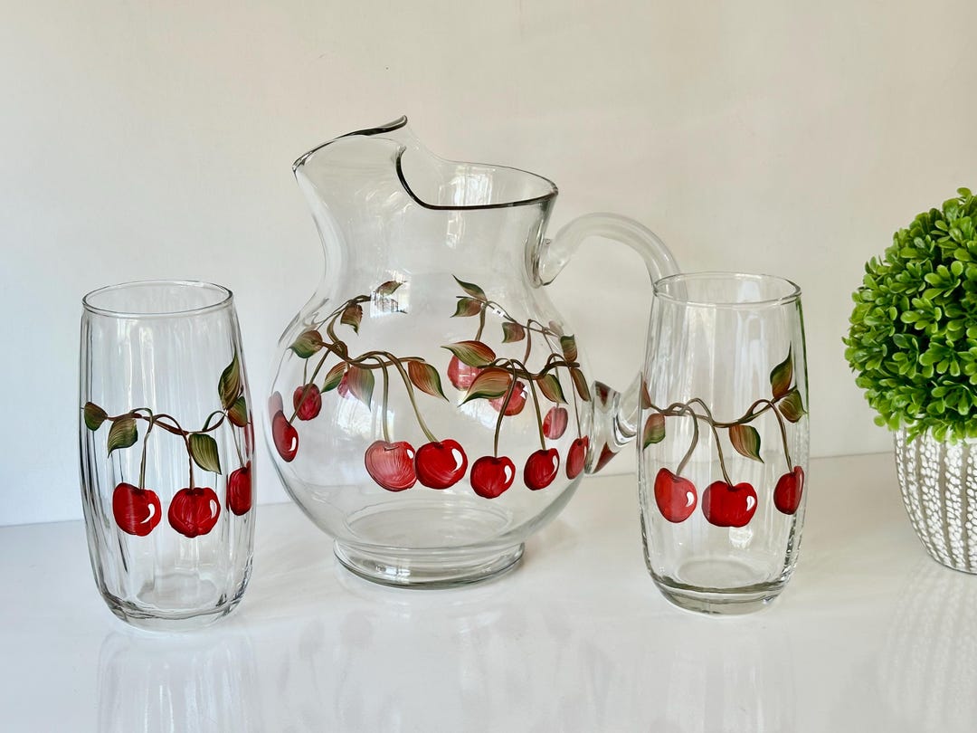 Cherry Glass Pitcher Painted Cherry Juice Cocktail Glasses, Step Mom ...