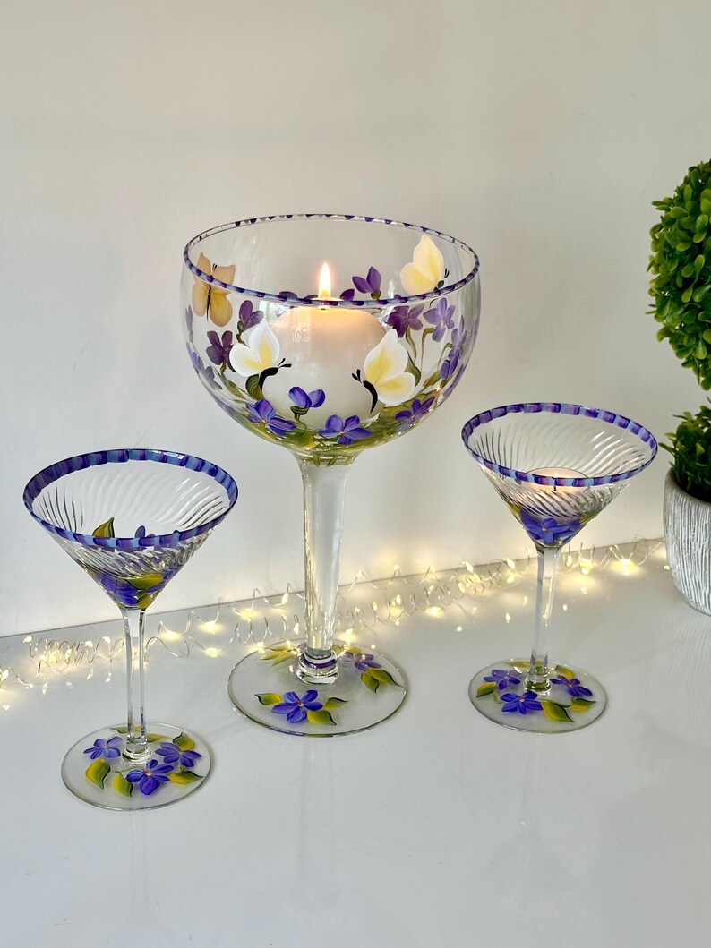 Painted Candle Holder Violets Butterflies Centerpiece, Roommate Gift ...