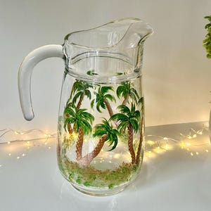 Palm Trees Glass Pitcher, Large Glass Tropical Pitcher, Water Sangria ...