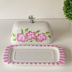 Painted Ceramic Butter Dish Pink Flowers, Covered Butter Dish, Butter ...