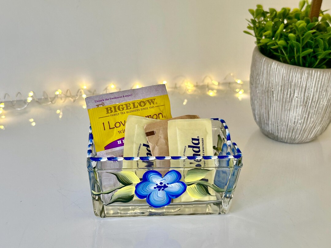Painted Blue Flowers Sweet and Low Container Glass Sugar Packets Holder ...