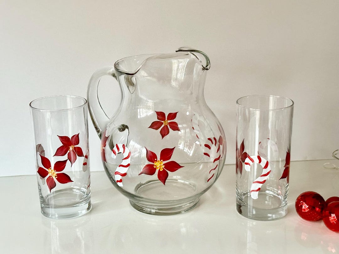 Painted Winter Pitcher Juice Glasses Christmas Poinsettia Candy Cane ...