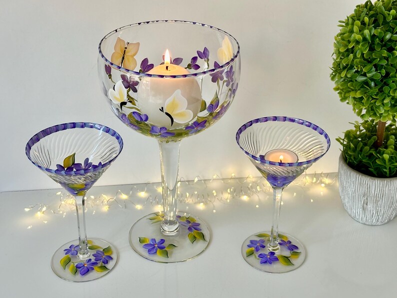 Painted Candle Holder Violets Butterflies Centerpiece, Roommate Gift ...