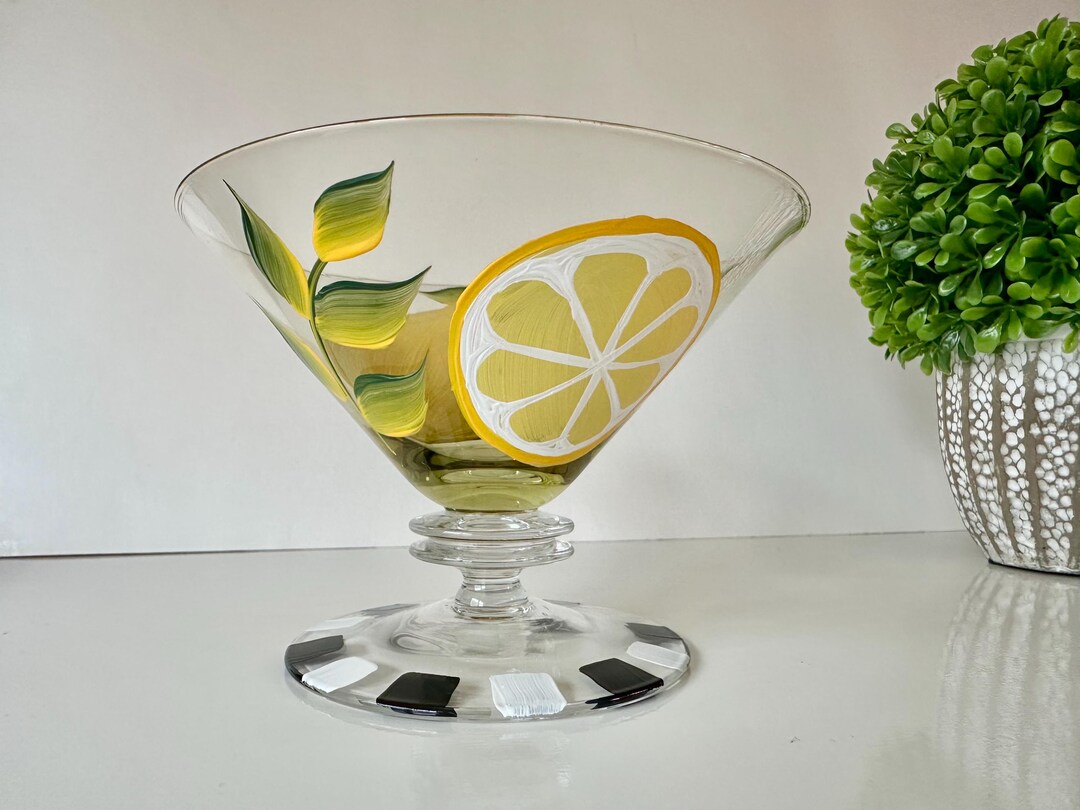 Hand Painted Single Martini Glass, Lemon Martini Cocktail Glass, Lemons ...