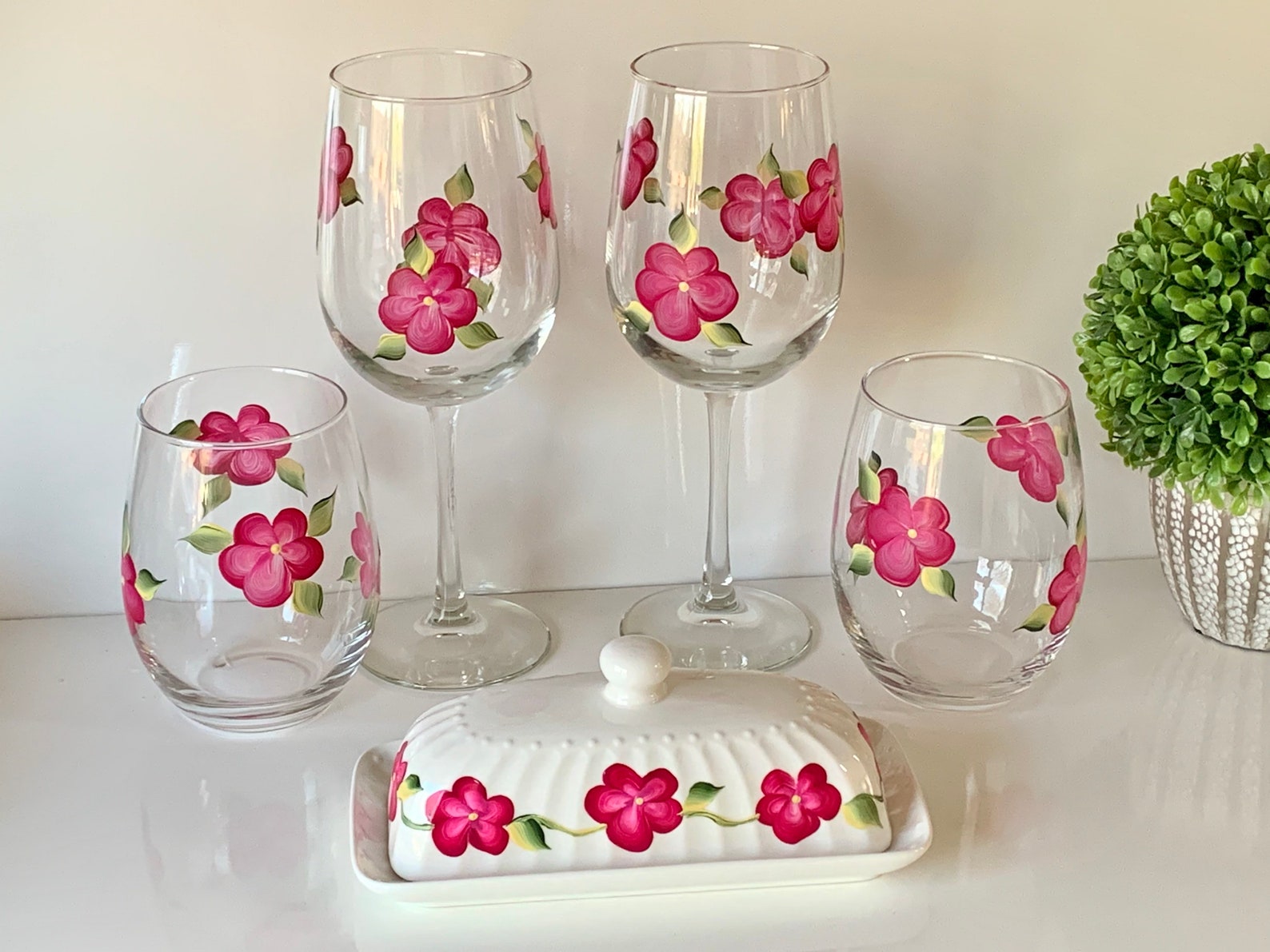Painted Wine Glasses Magenta Flowers, 21st Birthday Gift for Her, Wine ...