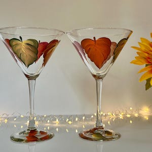 Fall Martini Cocktail Glasses, Hand Painted Fall Leaves Dessert Cup ...