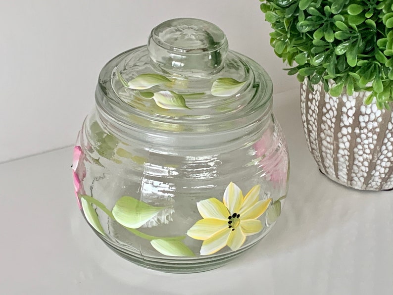 Painted Cookie Jar, Candy Jar, Pink Yellow Daisy Jar, Candle Holder ...