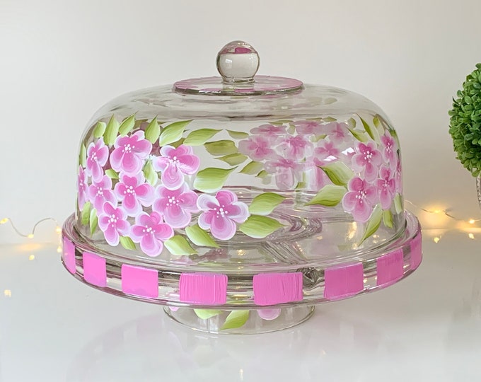 Hand Painted Glass Cake Dome Set Pink Flowers, Wedding Cake Stand With ...