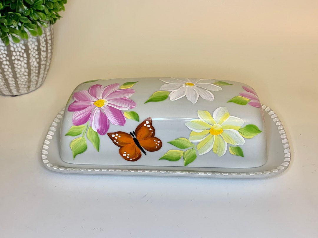 Butter Dish, Painted Spring Flowers, Covered Butter Dish, Butter Dish ...