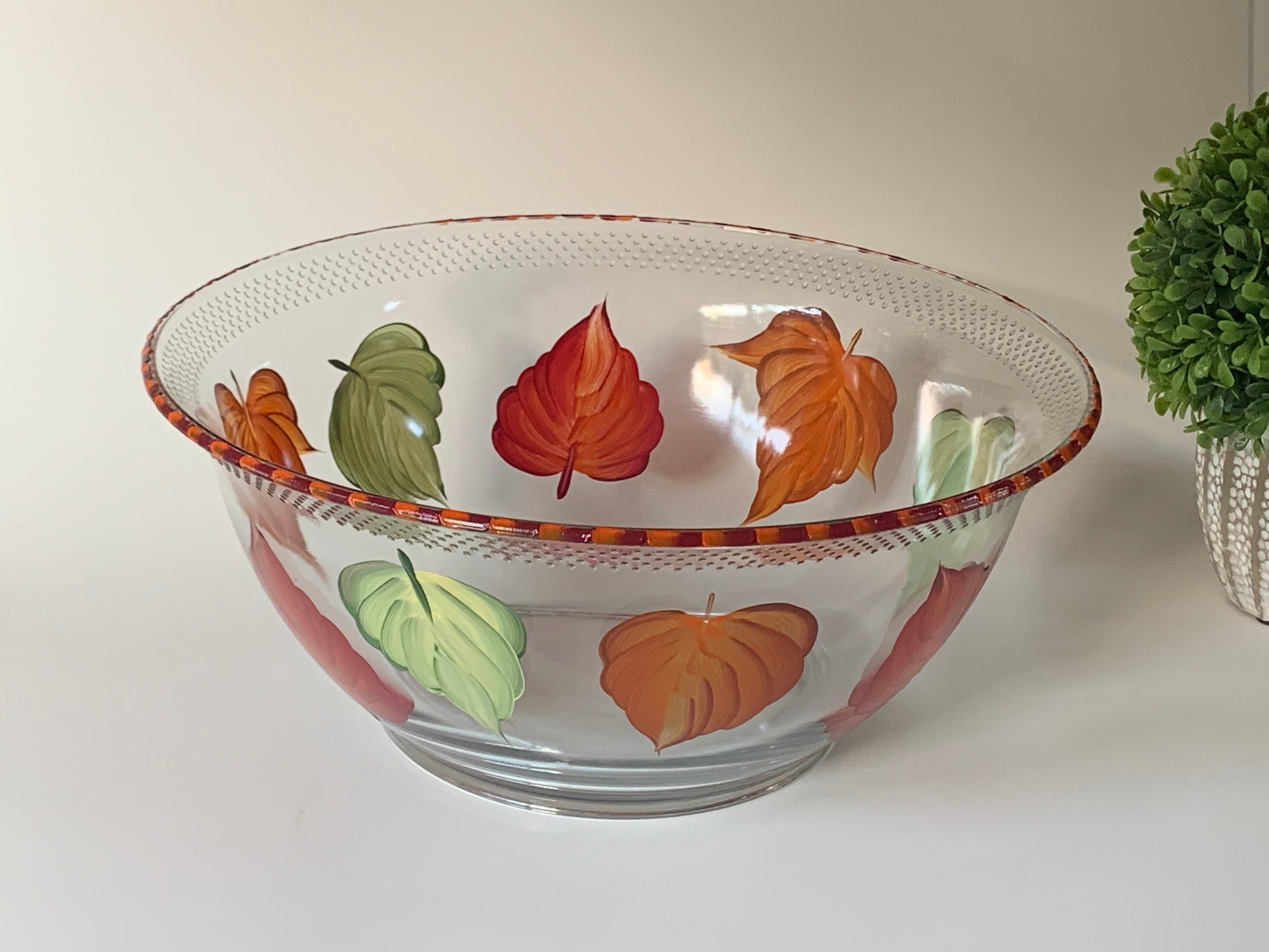 Painted Decorative Bowl, Fruit Bowl, Glass Salad Bowl, Fall Wedding ...