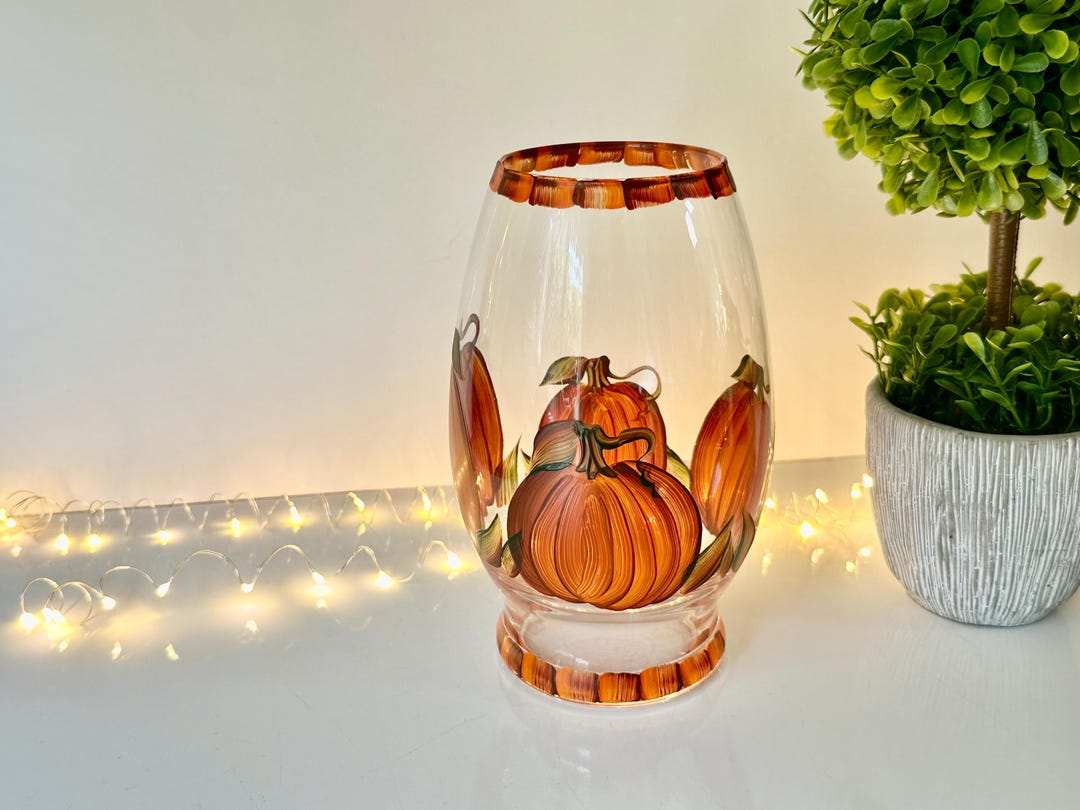 Painted Glass Pumpkin Flower Vase, Autumn Table Decor, Fall Painted ...