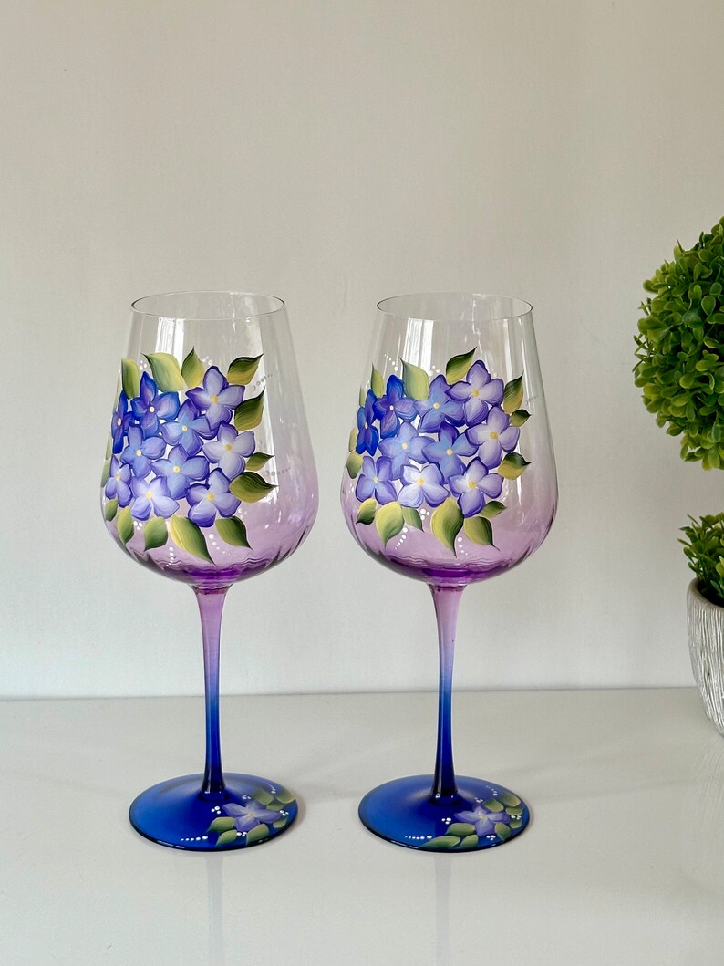 Painted Wine Glasses Blue Purple Hydrangeas, Large Goblet Wedding Wine ...