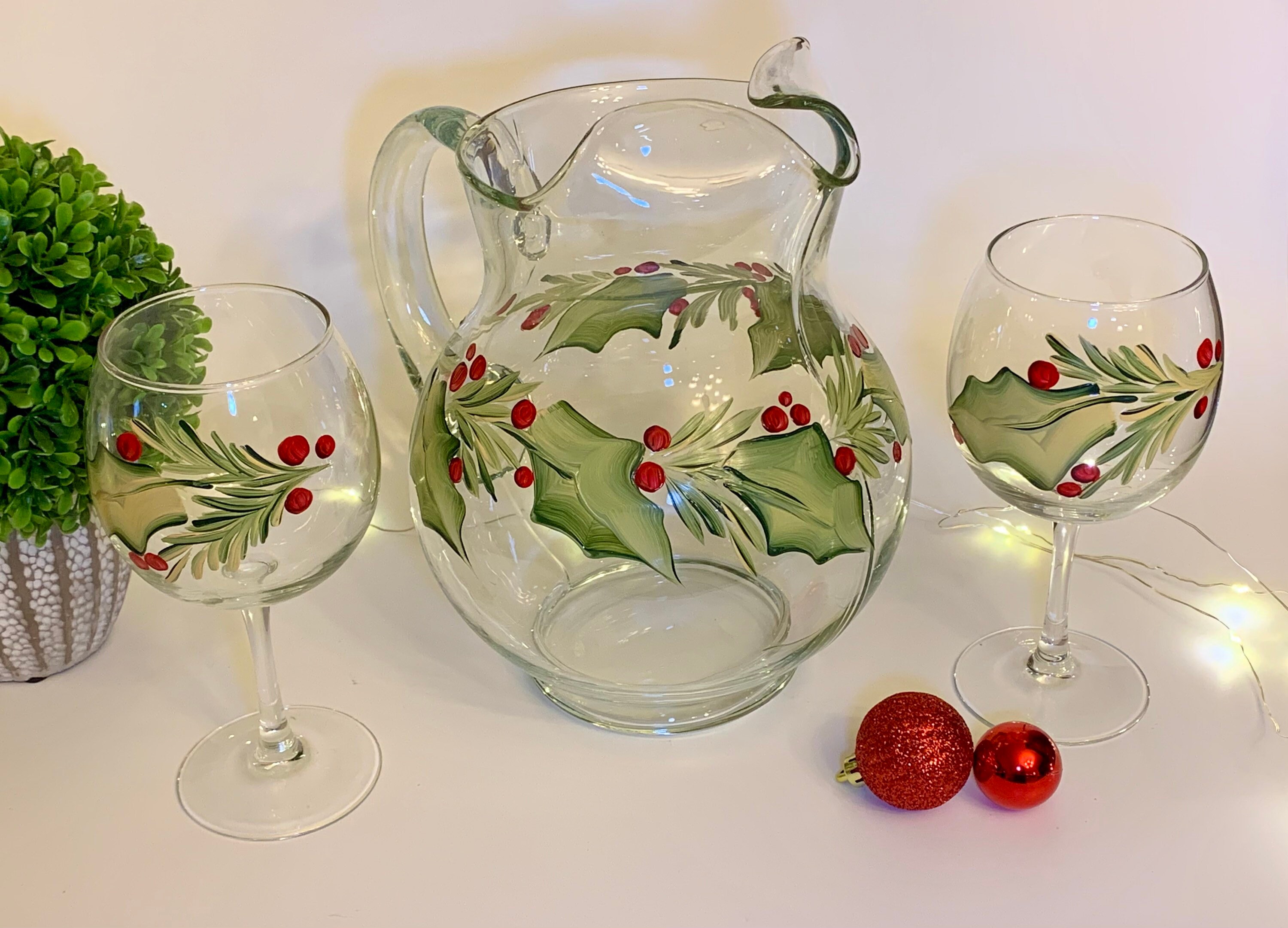 Hand Painted Glass Pitcher Set With Christmas Berries, Holiday Pitcher ...