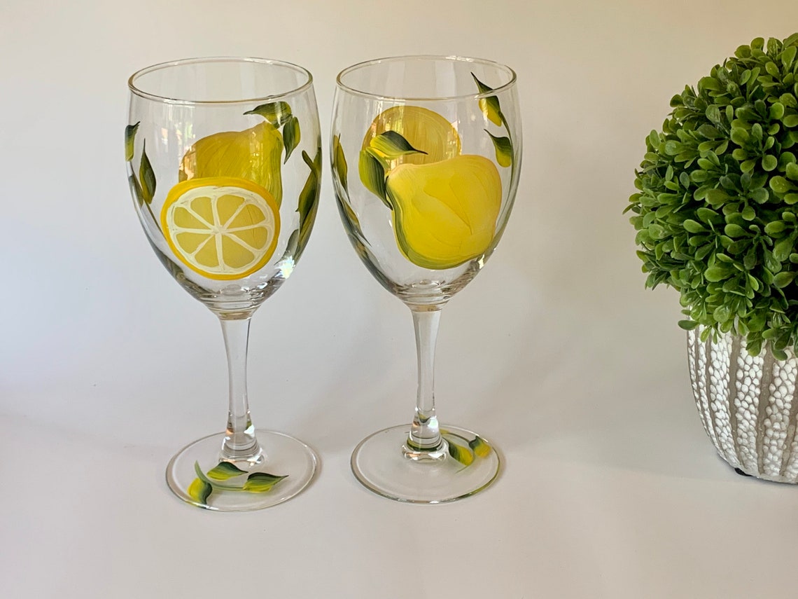 Painted wine glasses lemons and lemon slices sister in law | Etsy
