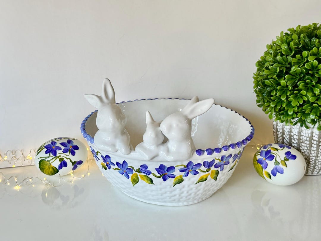 Hand Painted Easter Ceramic Bunny Rabbit Bowl With Violets, Bunny ...