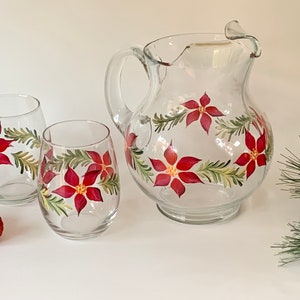 Hand Painted Glass Pitcher Set With Christmas Poinsettia, Holiday ...